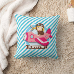 Girl Pilot in Pink Airplane; Blue & White Stripes Throw Pillow | Zazzle