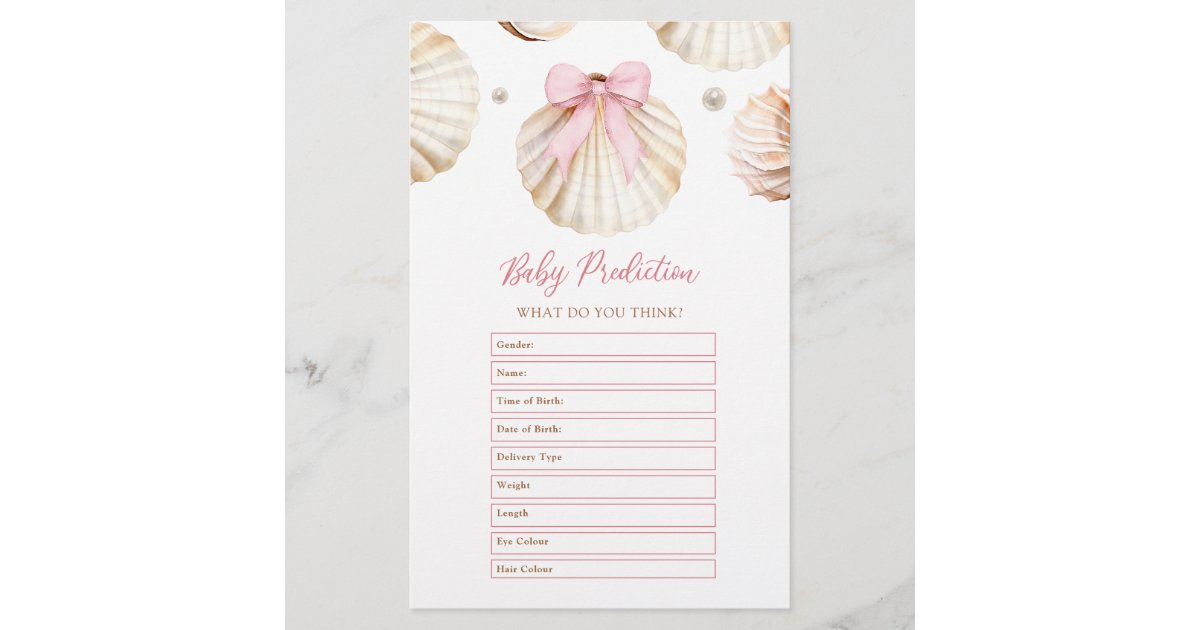 Girl Pink Bow Shell Baby Shower Baby Predictions | Zazzle