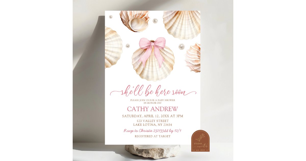 Girl Pink Bow Shell Baby Shower Invitation | Zazzle