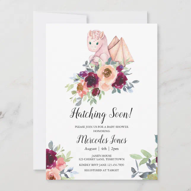 Girl Pink Floral Hatching Dragon Hatching Soon Invitation | Zazzle