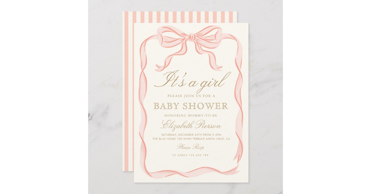 Girl Pink Ribbon elegant Minimalist Baby Shower Invitation | Zazzle