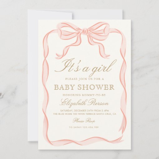 Girl Pink Ribbon elegant Minimalist Baby Shower Invitation | Zazzle