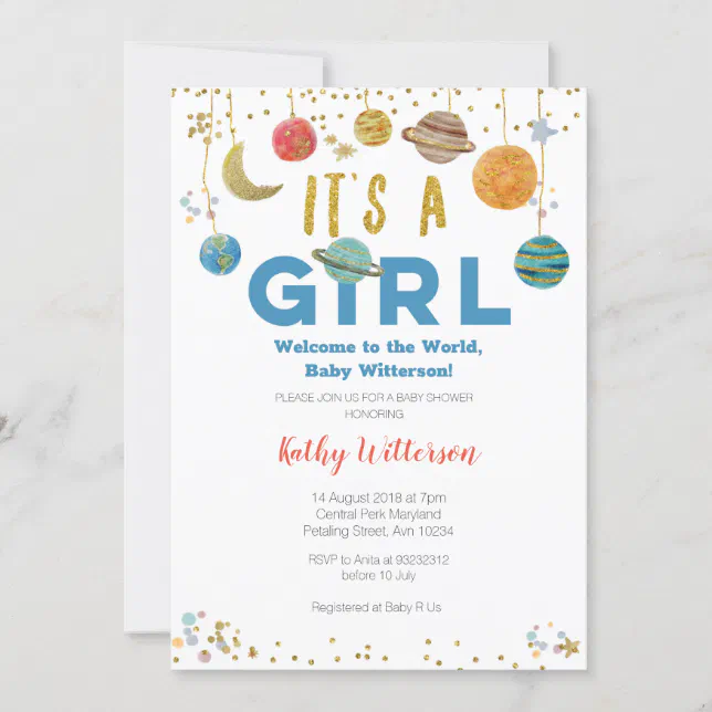 Girl Planets Outer Space Baby Shower Invitation | Zazzle