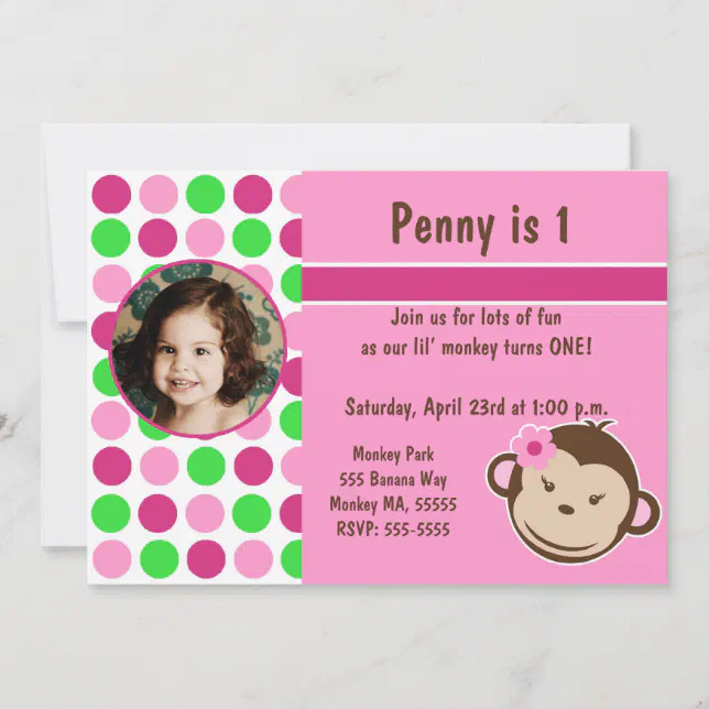 Girl Polka Dot Monkey Invite | Zazzle