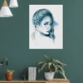 Girl portrait pencil drawing art Blue Poster | Zazzle