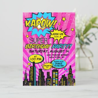 Girl Power Super Hero Comic Book Birthday Invitation | Zazzle