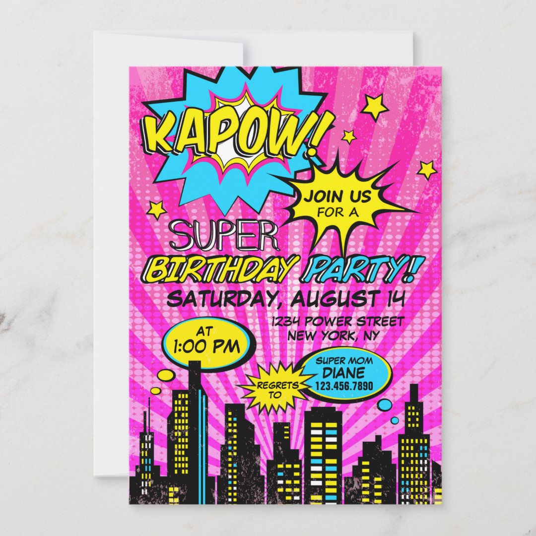 Girl Power Super Hero Comic Book Birthday Invitation | Zazzle