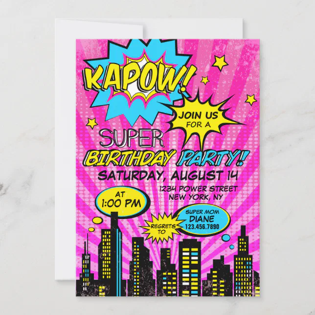 Girl Power Super Hero Comic Book Birthday Invitation | Zazzle