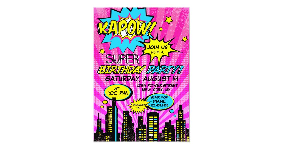Girl Power Super Hero Comic Book Birthday Invitation | Zazzle.com