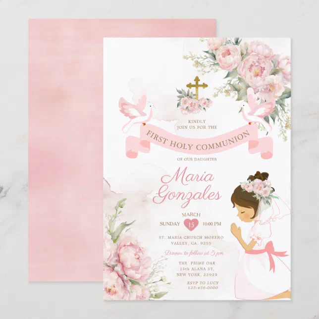 Girl Praying First Holy Communion Pink Floral Invitation | Zazzle
