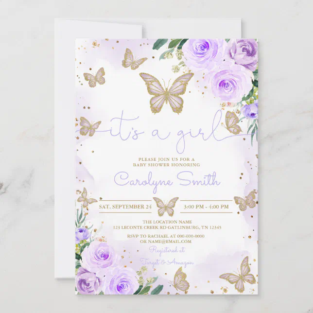 Girl Purple Butterfly Baby Shower Invitation | Zazzle