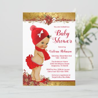 Girl Red Gold Christmas Baby Shower Ethnic Invitation | Zazzle