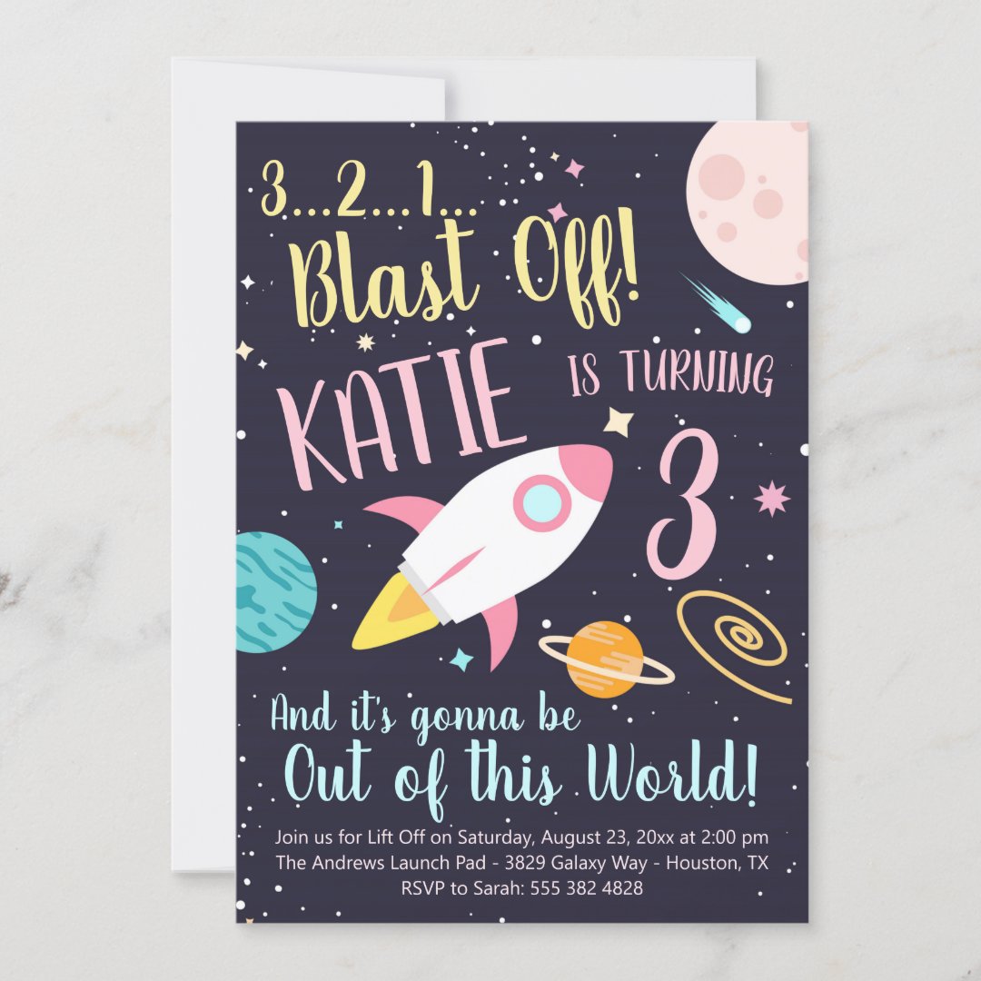 Girl Rocket Ship Outer Space Birthday Invitation | Zazzle