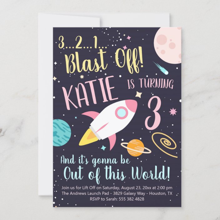 Girl Rocket Ship Outer Space Birthday Invitation | Zazzle.com