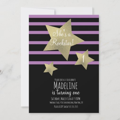 Girl Rockstar Guitar Faux Gold Star Birthday Invitation | Zazzle