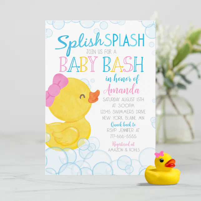 Girl Rubber Duck Splish Splash Baby Shower Invitation | Zazzle