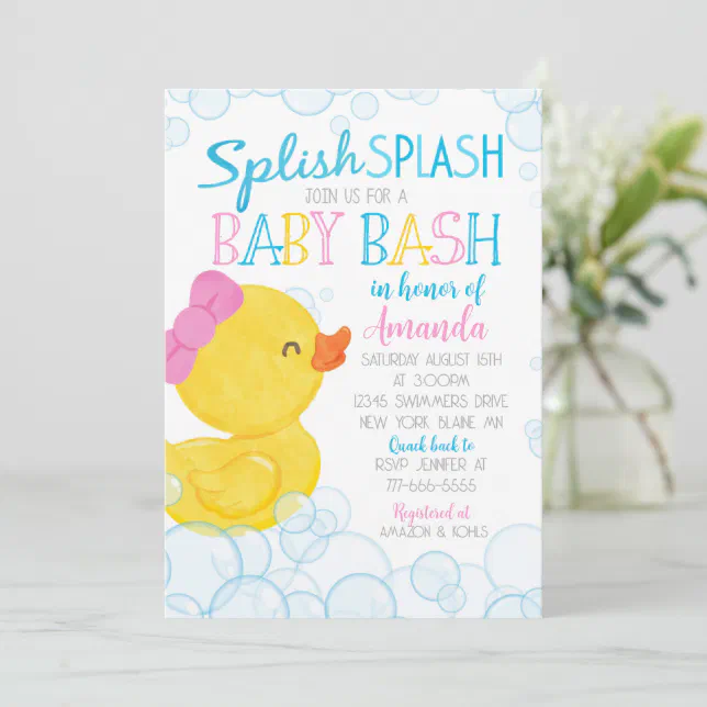 Girl Rubber Duck Splish Splash Baby Shower Invitation | Zazzle