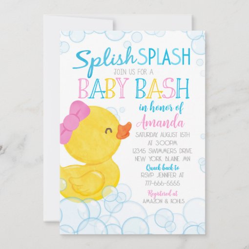 Girl Rubber Duck Splish Splash Baby Shower Invitation | Zazzle