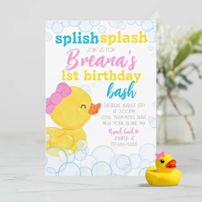 Girl Rubber Duck Splish Splash Birthday Invitation | Zazzle