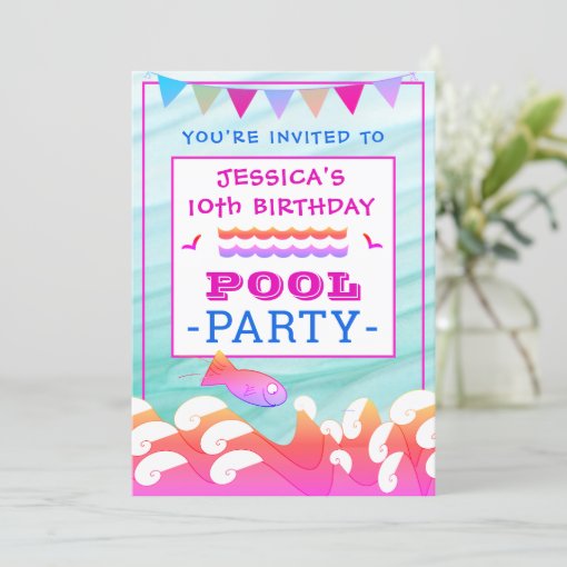 Girl’s Happy Fish Pool Party Birthday Invitation | Zazzle