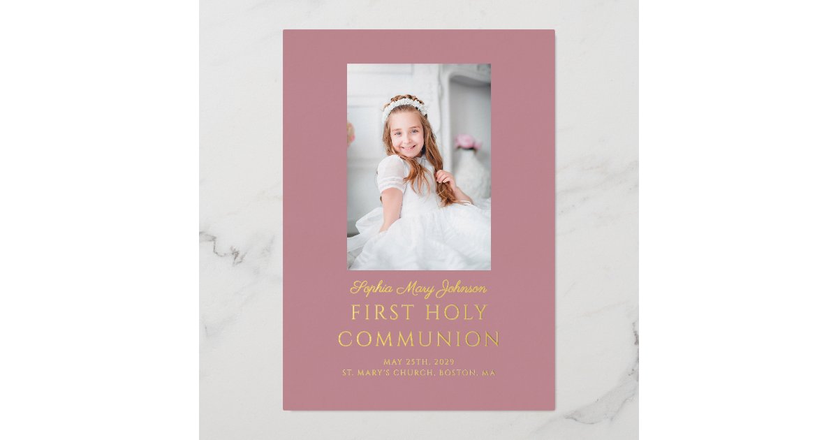 Girl Script Photo First Holy Communion Rose Gold Foil Invitation | Zazzle