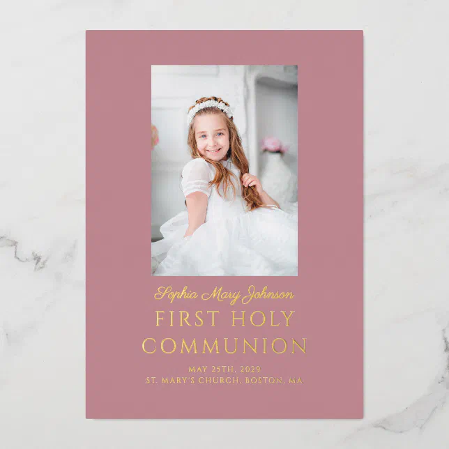 Girl Script Photo First Holy Communion Rose Gold Foil Invitation | Zazzle