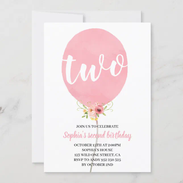 Girl Second Birthday Pink Balloon Invitation | Zazzle