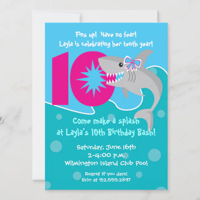 Girl Shark Bite Invite- 10th Birthday Party Invitation | Zazzle