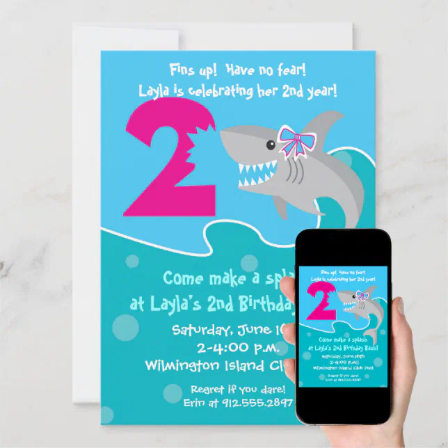 Girl Shark Bite Invite- 2nd Birthday Party Invitation | Zazzle