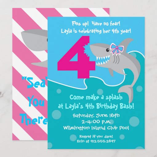 Girl Shark Bite Invite- 4th Birthday Party Invitation | Zazzle
