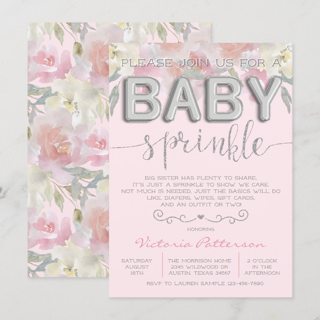 Girl Sprinkle Baby Shower Watercolor Foil Balloons Invitation | Zazzle