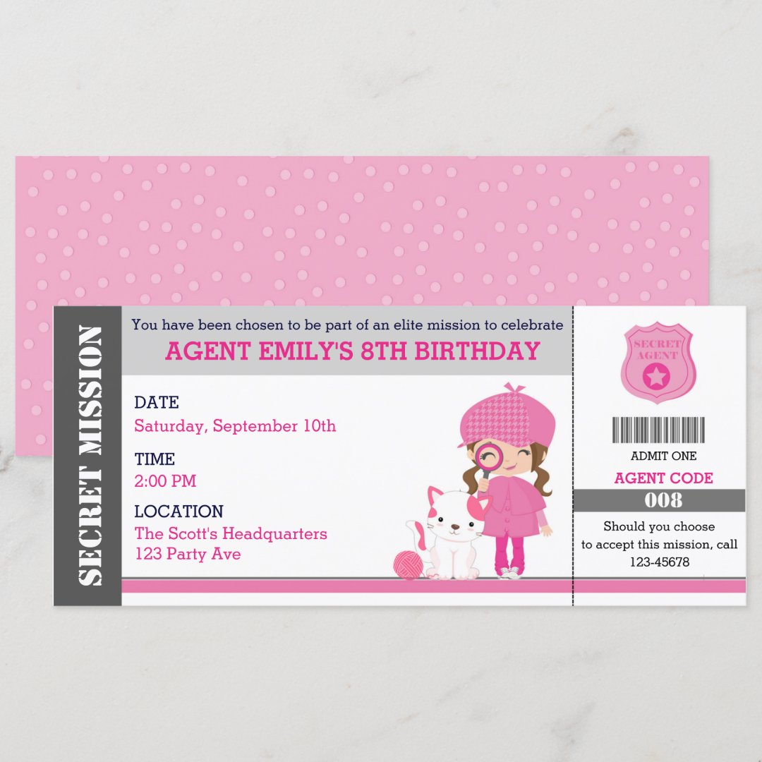 Girl Spy / Detective Ticket Birthday Invitations | Zazzle