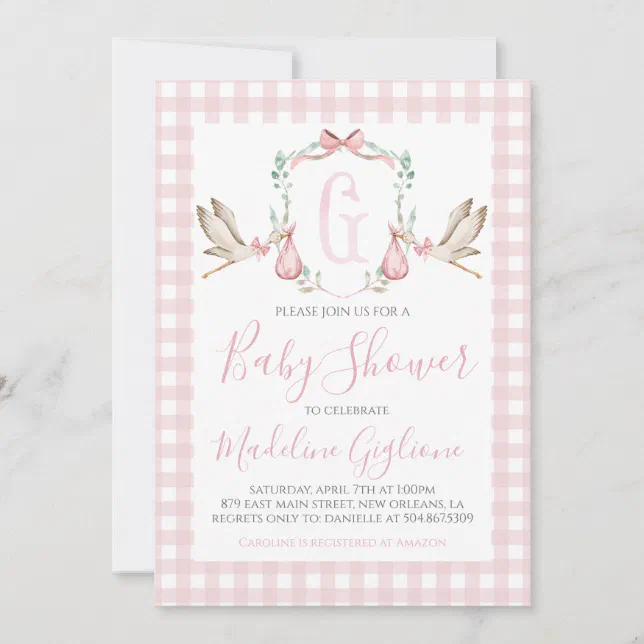 Girl Stork Baby Shower Preppy Gingham Pink Invitation | Zazzle