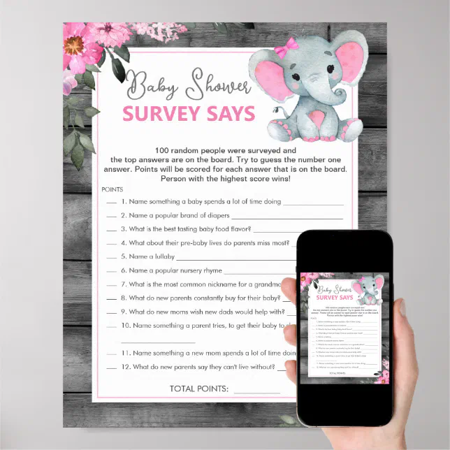Girl Survey Says Baby Shower Game Pink Elephant Poster | Zazzle