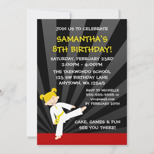 Girl Taekwondo Karate Yellow Belt Blonde Birthday Invitation | Zazzle.com