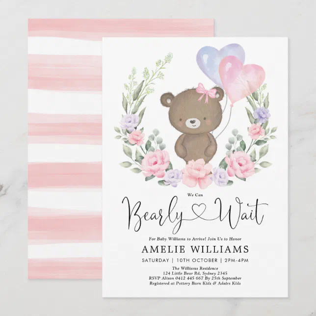 Girl Teddy Bear Pink Purple Floral Baby Shower Inv Invitation | Zazzle