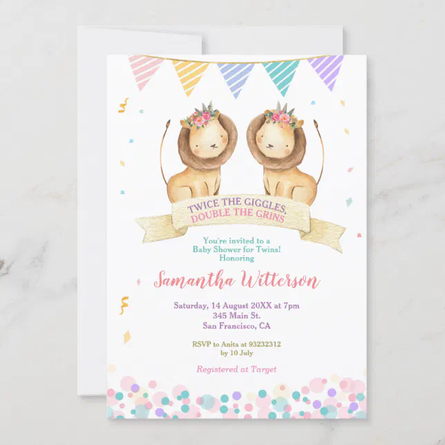 Girl Twins Lion Cubs Baby Shower Twice the Giggles Invitation | Zazzle