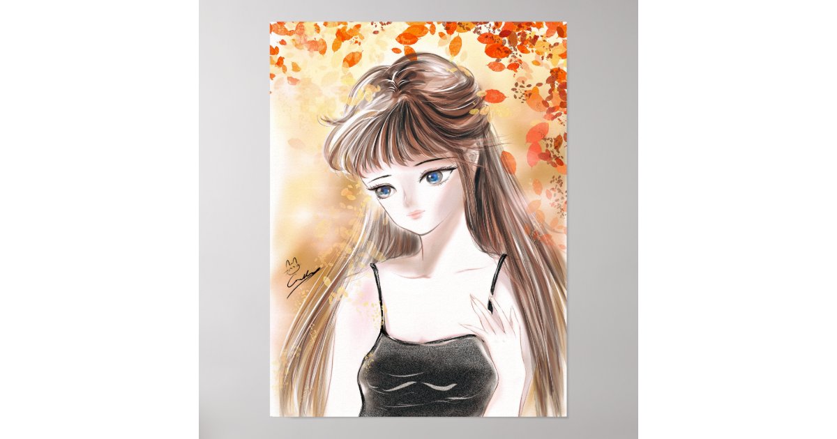 Girl Under Fall Leaves Illustration Poster | Zazzle