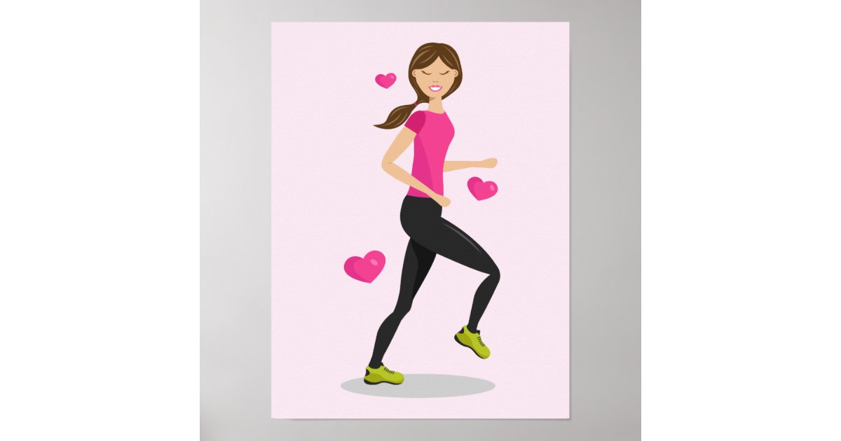 Girl Who Loves To Run Illustration And Pink Hearts Poster | Zazzle