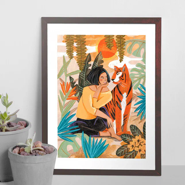 Girl with tiger sunset jungle poster | Zazzle