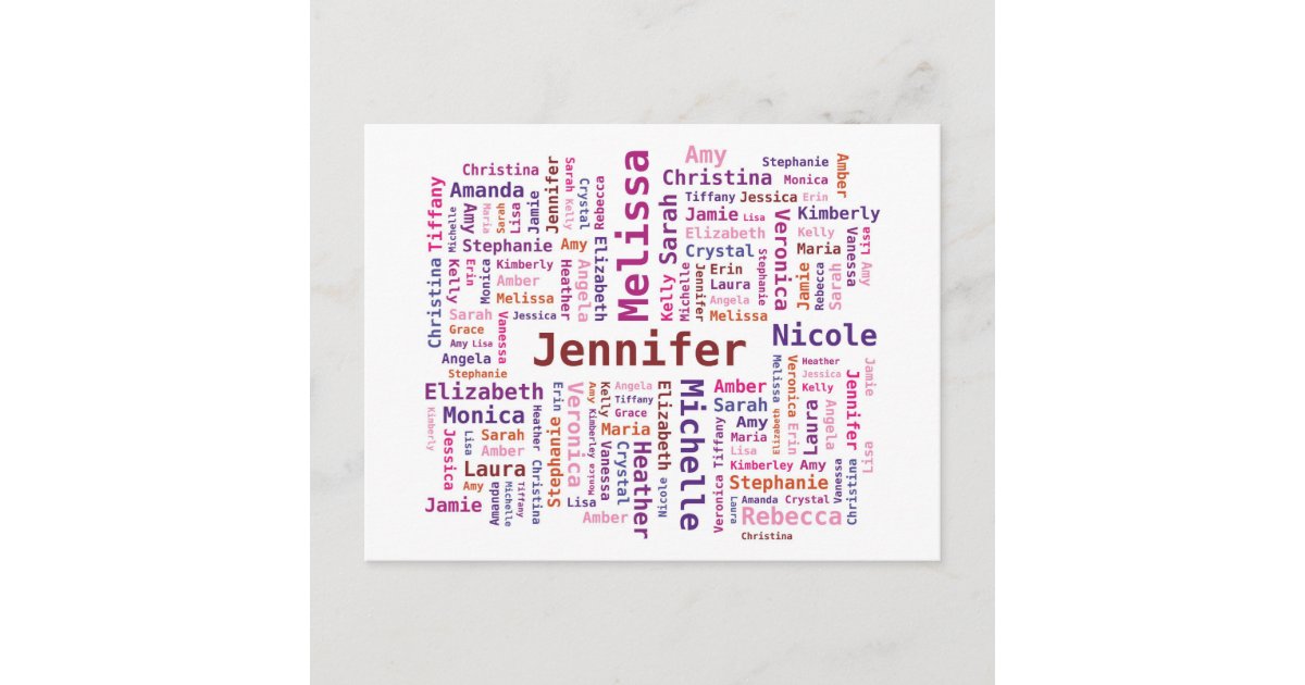 Girl / Woman Names Word Cloud - Pink Orange Colors Postcard | Zazzle