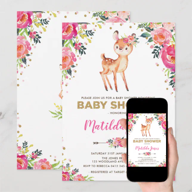 Girl Woodland Deer Floral Fawn Baby Shower Party Invitation | Zazzle