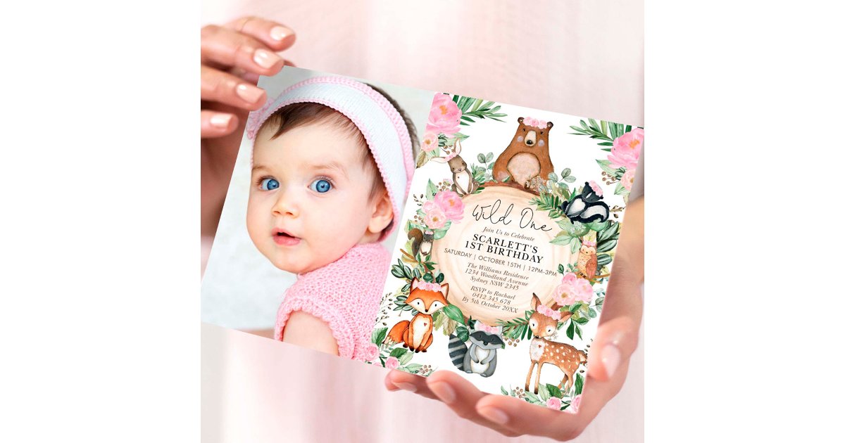 Girl Woodland Forest Pink Floral Wild One Birthday Invitation | Zazzle