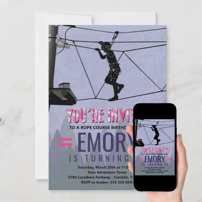 Girl Zipline Ropes Course Birthday Invitation | Zazzle
