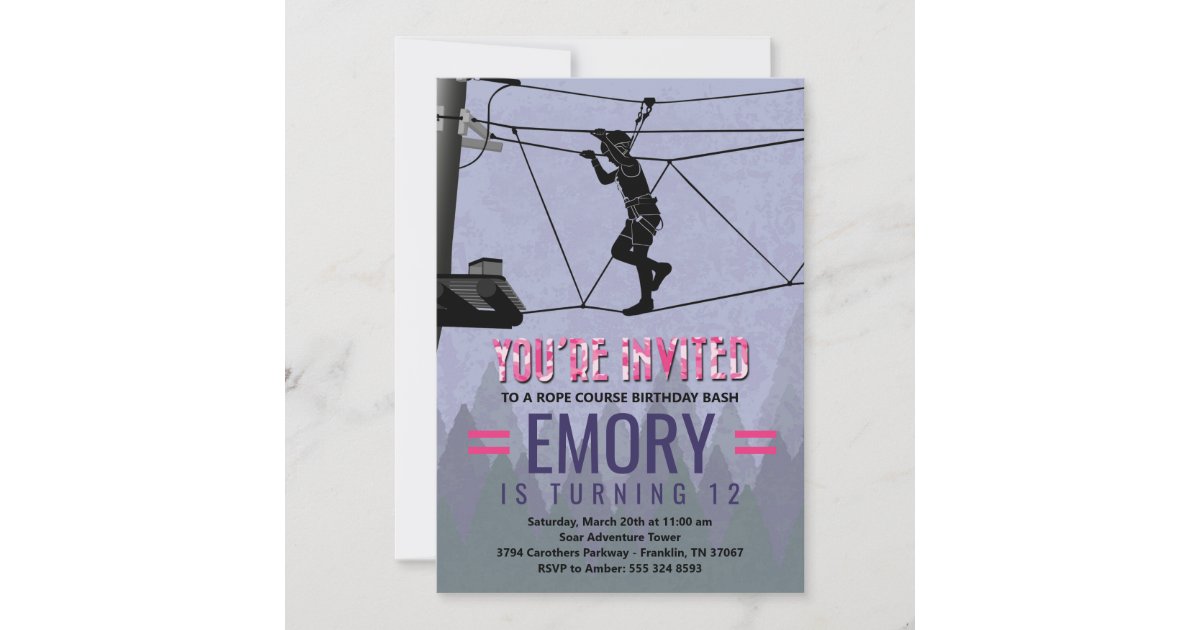 Girl Zipline Ropes Course Birthday Invitation | Zazzle