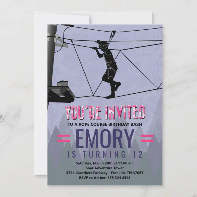 Girl Zipline Ropes Course Birthday Invitation | Zazzle