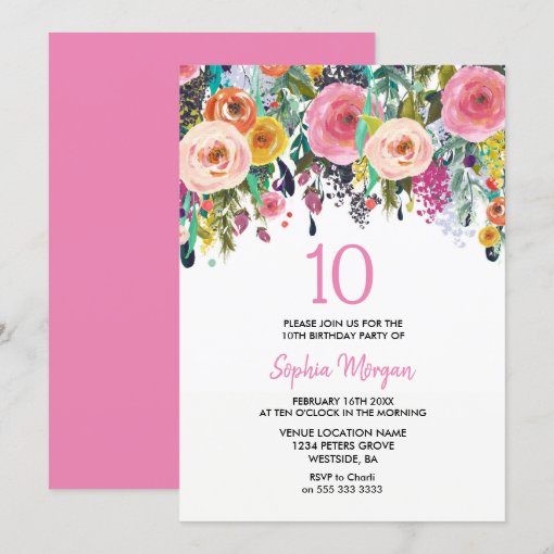 Girls 10th Birthday Party Invite Pink Flowers | Zazzle