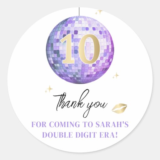 Girls 10th Birthday Party Purple Gold Glam Disco Classic Round Sticker ...