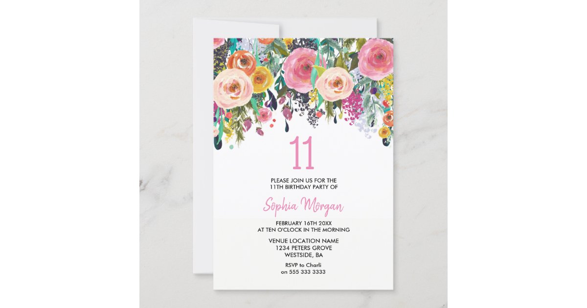 Girls 11th Birthday Party Invite Pink Flowers | Zazzle