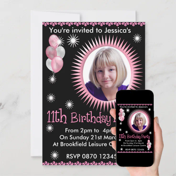 Girls 11th Birthday Photo Invitation | Zazzle